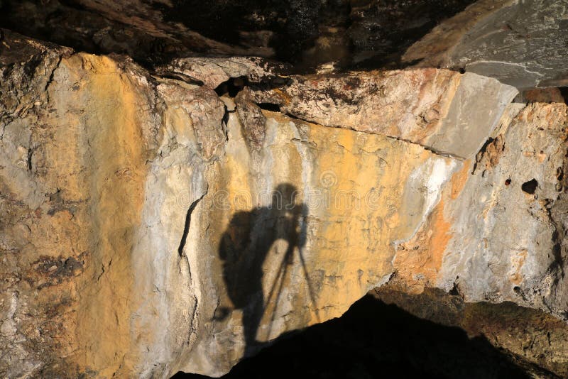 The Shadow of the Photographer on the Limestone Cave Wall Stock Photo ...