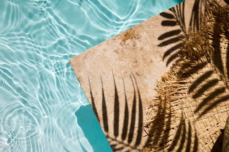 Shadow Play by the Pool. Water Ring and Palm Shadow on Travertine Stone ...
