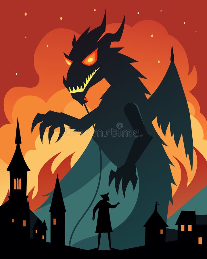 The Shadow Puppet of a Dragon Breathes Fire on a Town while a Sinister ...
