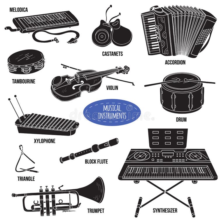 Shadow Set with Musical Instruments, Vector Cartoon Collection Stock ...