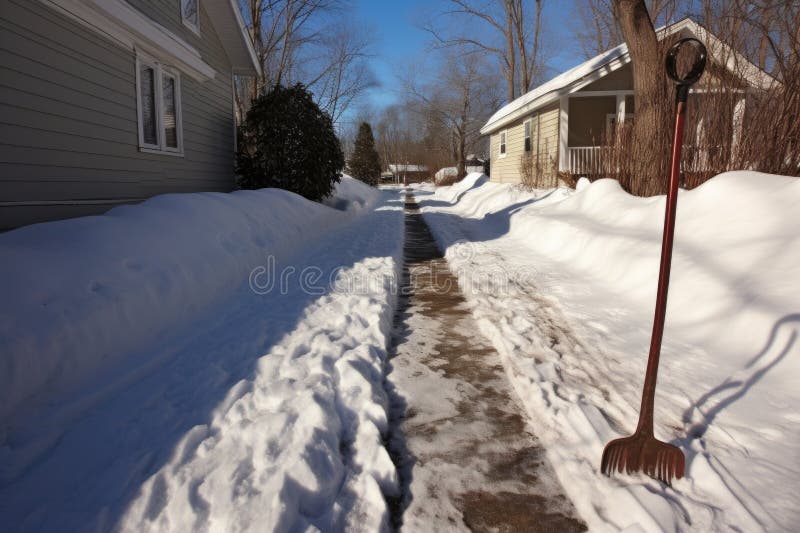 Shadow of a Shovel on Snow-cleared Driveway Path Stock Photo - Image of ...
