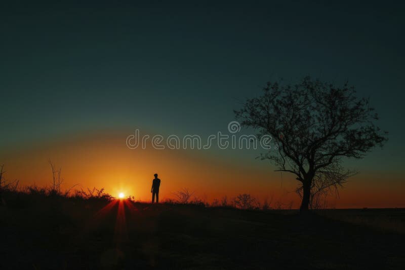 A Man Standing on Grass Dirt Enjoying Sunset with a Solitude Tree Stock ...