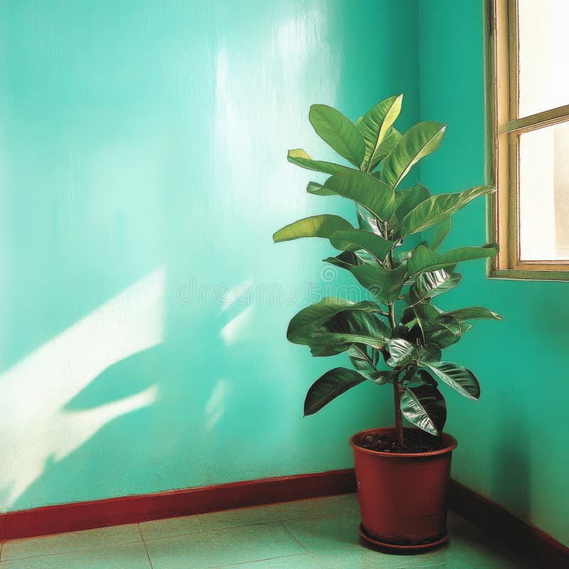 The Shadow of a Small Green Plant in a Pot Appears on a Grey Wall Stock ...