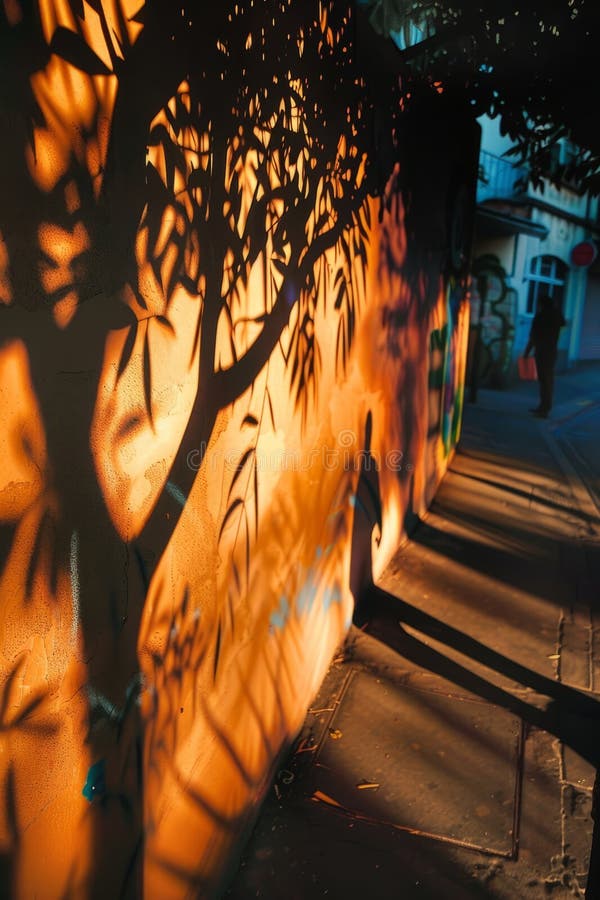 Shadow of Tree Branches Cast on Urban Wall at Sunset Creating a Dramatic and Artistic Silhouette ...