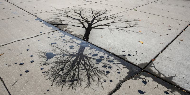 Shadow of a Tree Reflected in a Puddle on a City Sidewalk after Rain ...