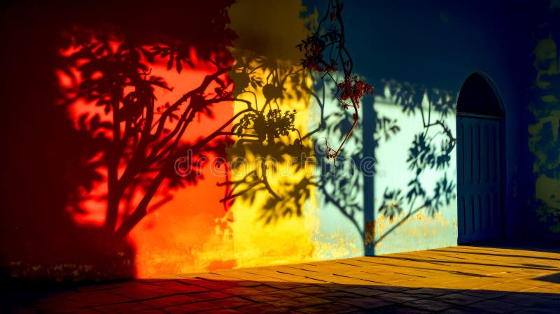 Shadow of Tree on Wall Next To Tree Branch on Sidewalk. Generative AI ...