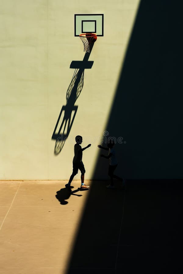 Shadow of Two Children Playing Basketball in Building with Clock ...