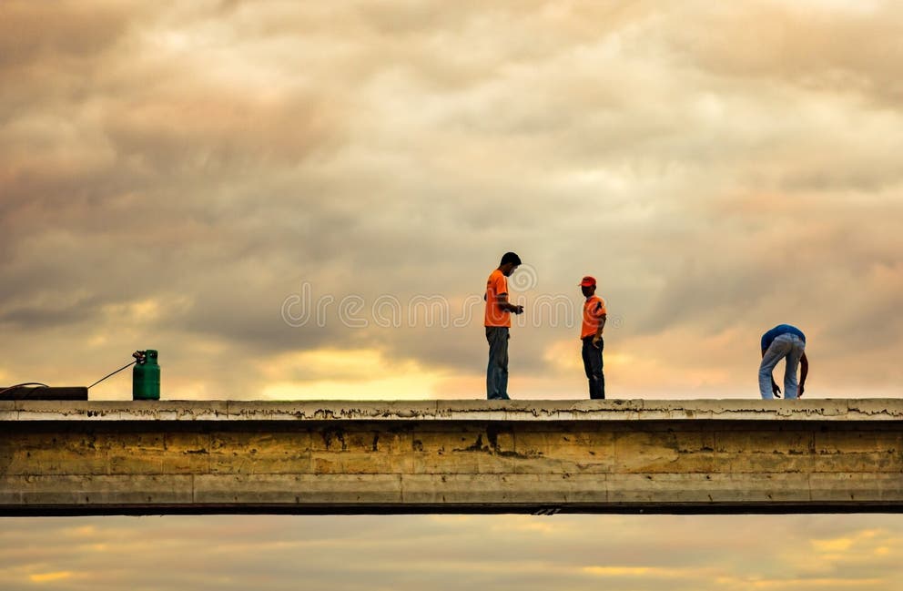 Shadow of Workers are Working on Overpass Step with Sky in Dramatic ...