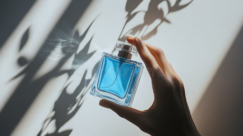 Shadowed Hand Holding a Geometric Blue Perfume Bottle, Showcasing ...