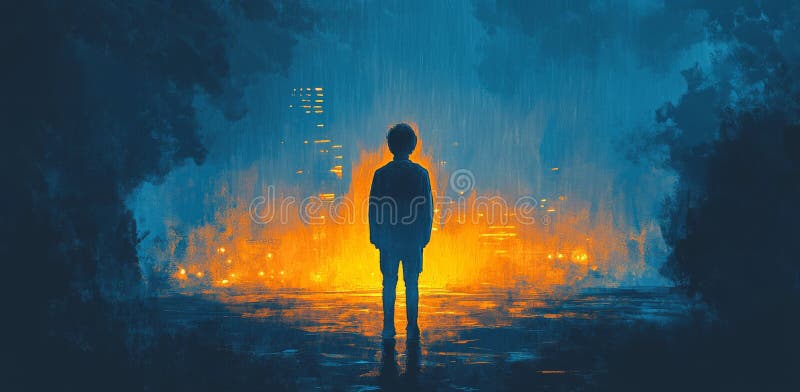 A Shadowed Man Standing Against a Colorful Nighttime City Backdrop ...