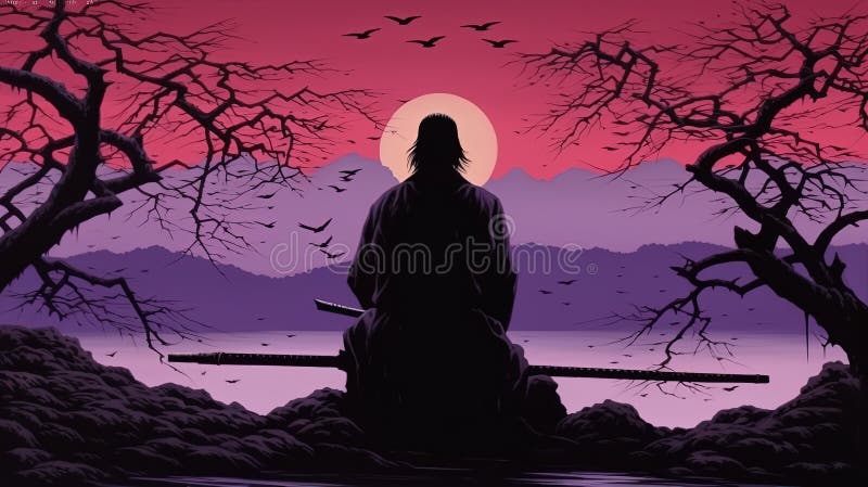 Shadowed Samurai at Sunset stock illustration. Illustration of ancient ...