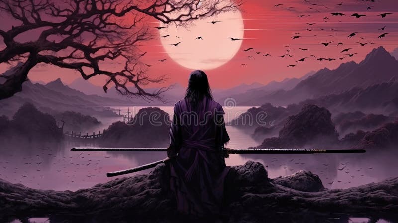Shadowed Samurai at Sunset stock illustration. Illustration of detailed ...