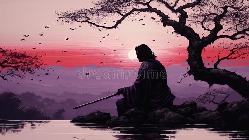 Shadowed Samurai at Sunset stock illustration. Illustration of strength ...