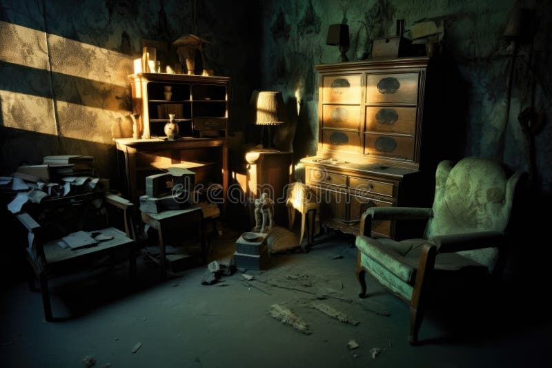 Shadows Cast by Broken Furniture in an Eerie Room Stock Illustration ...