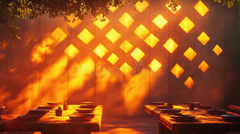 Shadows Cast by a Lattice Wall Create a Patterned Ambiance Over Tables ...
