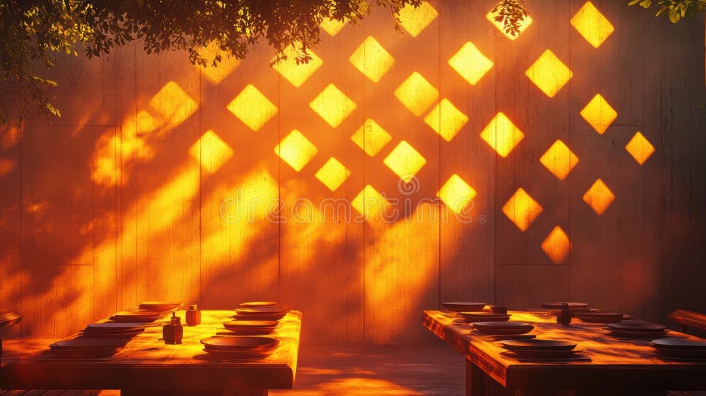 Shadows Cast by a Lattice Wall Create a Patterned Ambiance Over Tables ...