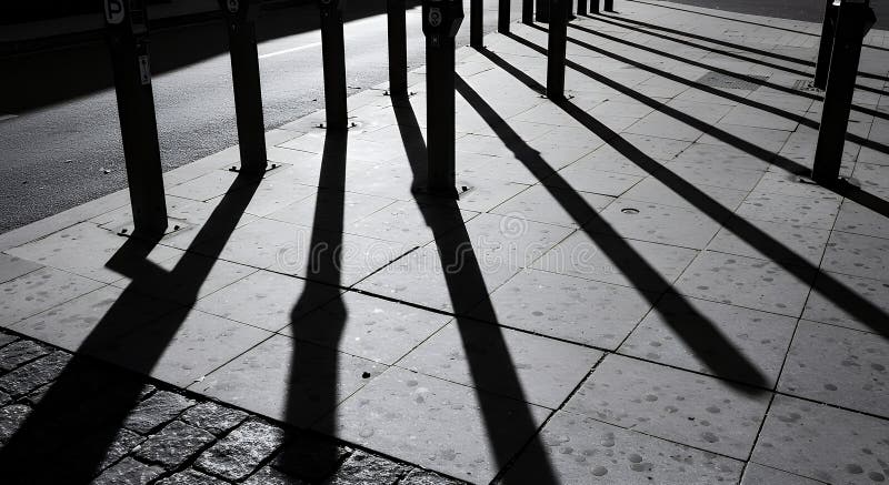 Shadows Cast by Metal Posts on Urban Sidewalk Creating Graphic Pattern ...
