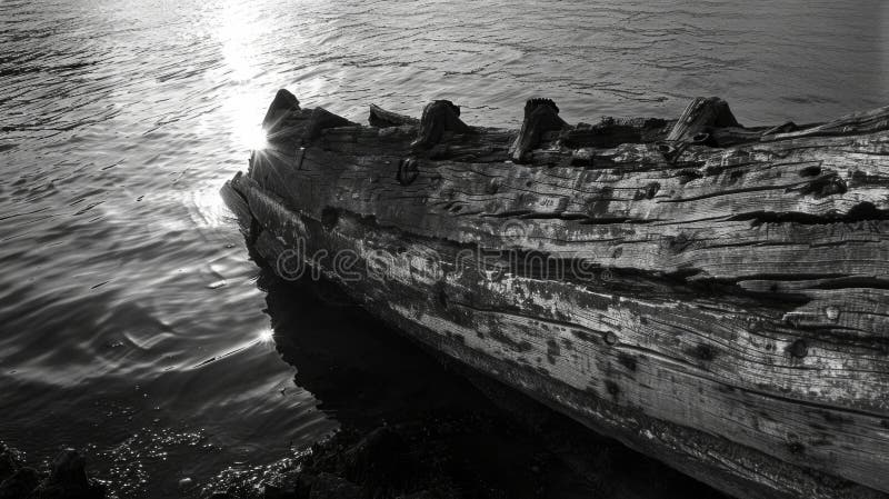 Shadows Dancing on the Ridges of a Worn Boat Hull As the Sun Sets Over the Water. Black and ...
