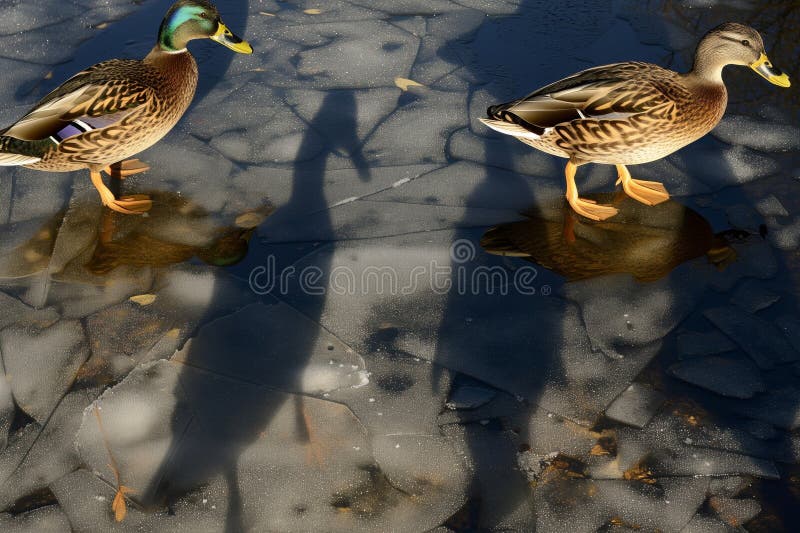 Shadows of Ducks Cast on Pond Bed through Ice Stock Photo - Image of ...