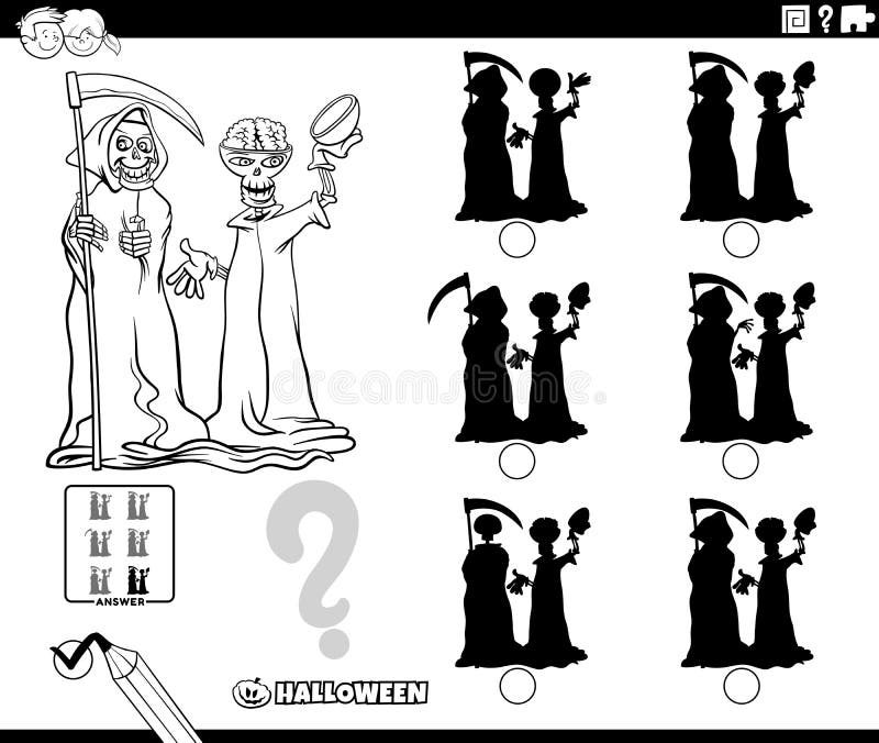 Shadows Game with Cartoon Grim Reaper Coloring Page Stock Vector ...