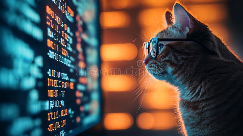 In the Shadows, a Hacker is Busy at Work, while a Cat Wearing Glasses ...