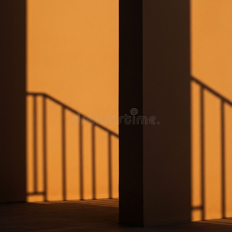 Shadows of a Staircase and Railing are Projected Onto an Orange Wall ...