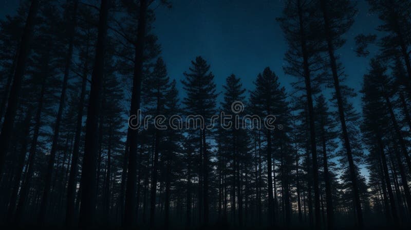 Shadows of Towering Trees Against the Night Sky in a Dense Forest Stock ...