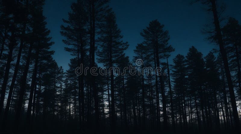 Shadows of Towering Trees Against the Night Sky in a Dense Forest Stock ...