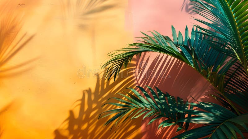 Shadows of Tropical Plants on a Multicolor Plaster Wall. Exotic ...