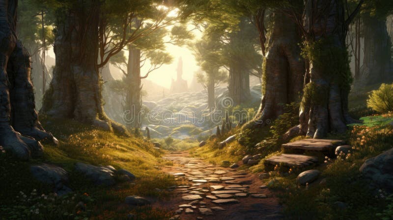 A Shadowy Birch and Ceder Tree Forest Path with Tall Birch and Cedar ...