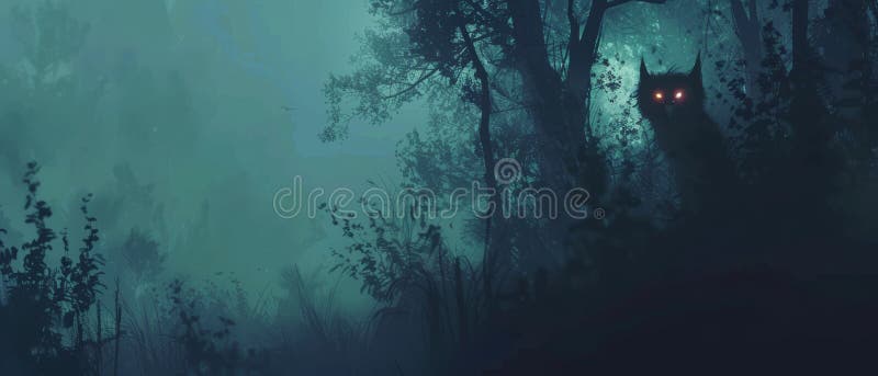 A Shadowy Figure with Glowing Eyes Hides in the Dense Forest Stock ...
