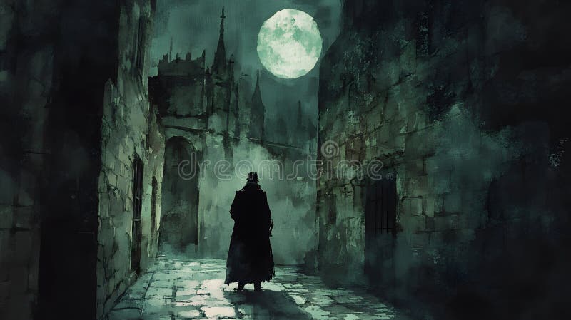 Shadowy Figure in a Gothic Alley Moonlight Stock Illustration ...