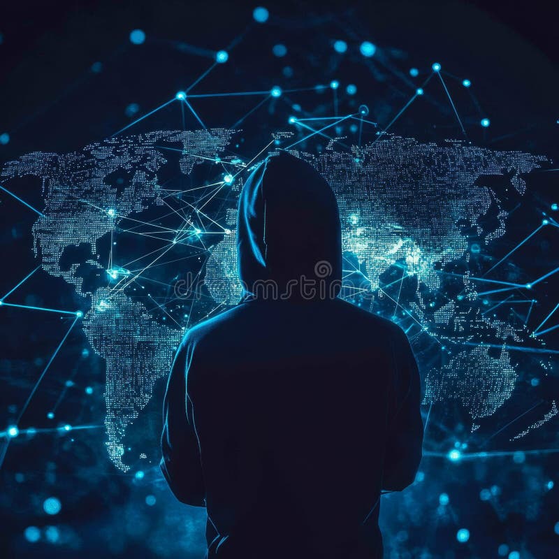 A Shadowy Figure of a Hacker Stands before a Luminous Digital Globe ...