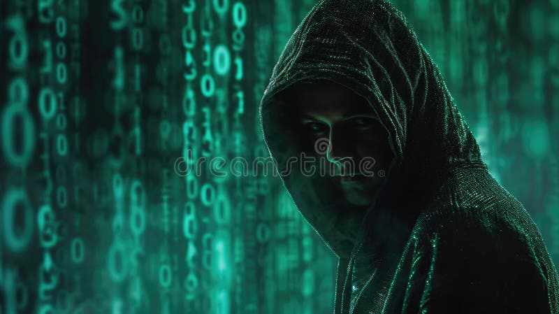 Shadowy Figure in a Hooded Jacket Standing Against a Backdrop of Digital Data Code. AI Generated ...