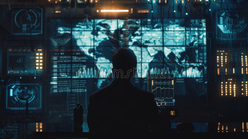 A Shadowy Figure Staring at a Wall of Digital Screens with a Map of the ...