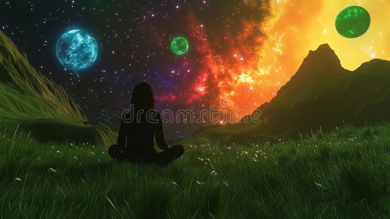 A Shadowy Figure Sits on the Grass Beneath a Starry Sky, Representing ...