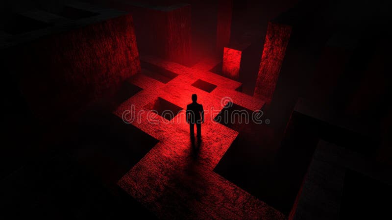 Lone Figure in Red-lit Maze with Dramatic Contrast Stock Photo - Image ...