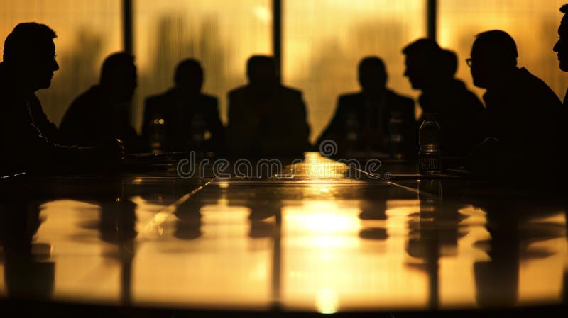 Shadowy Figures Sitting Around an Oval Table in a Boardroom Meeting ...