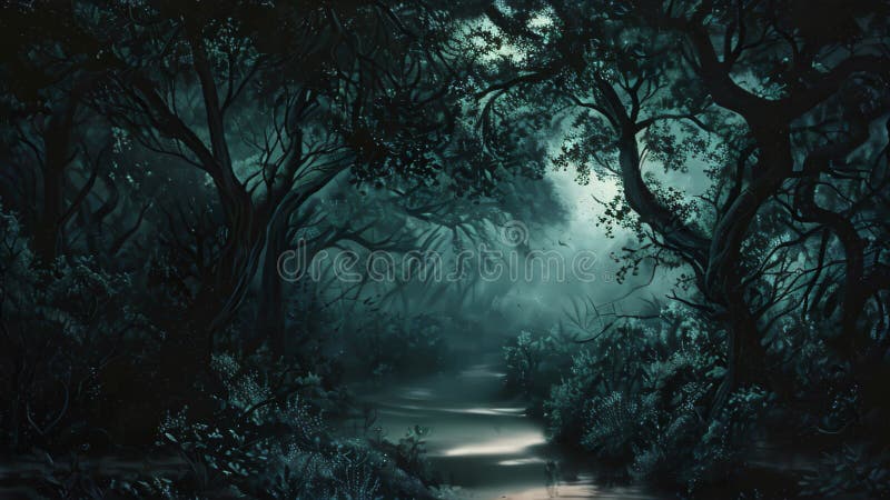 A Shadowy Forest Path Illuminated by a Sliver of Moonlight, Deep, Dark ...