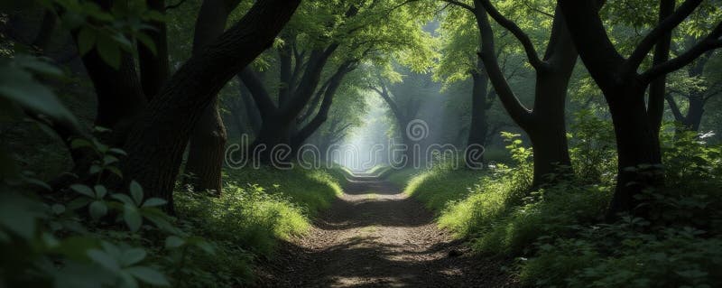 Shadowy Forest Path with Twisted Trees and Overgrown Vegetation, Forest ...