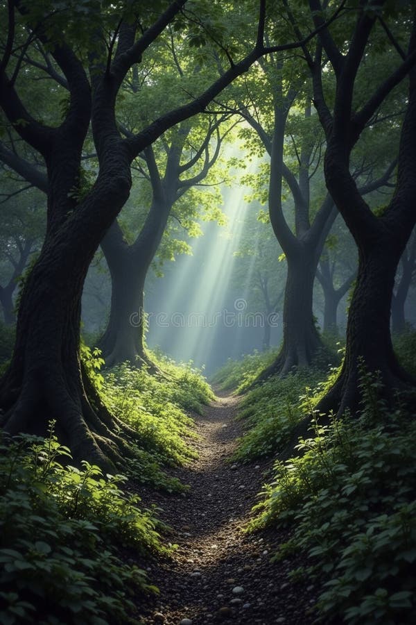 Shadowy Forest Path with Twisted Trees and Overgrown Vegetation ...