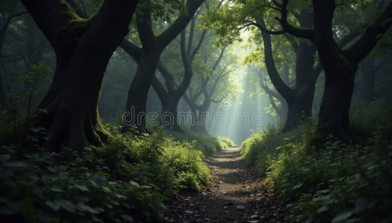 Shadowy Forest Path with Twisted Trees and Overgrown Vegetation ...