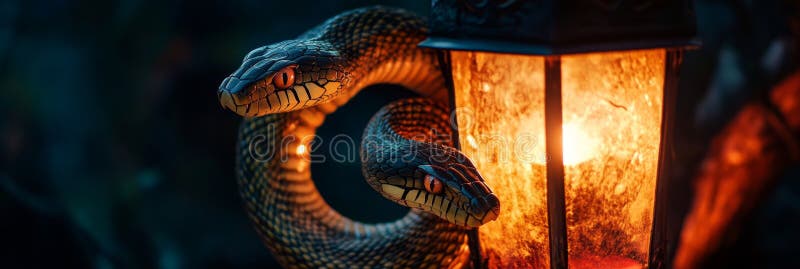 Coiled Snake Entwining a Lantern in a Mystical Forest at Dusk Stock ...