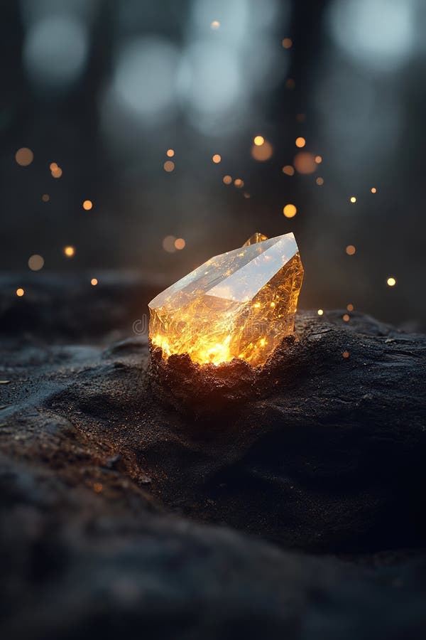 In a Shadowy, Mist-covered Forest, a Glowing Amber Crystal is Embedded ...