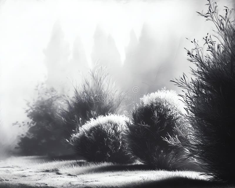 Shadowy Peaceful Bushes, Serene Black and White Landscape with ...