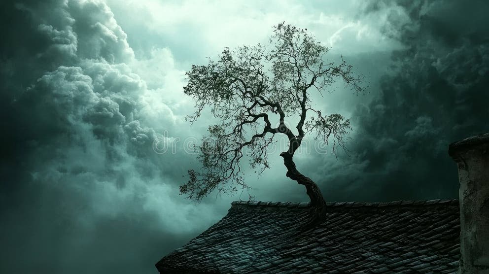 The Shadowy Shape of a Tree and Roof Contrasted with a Dramatic Cloudy ...