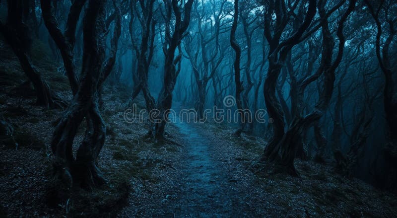 Shadowy Silhouetted Trees at Night - Eerie Woodland Path with Blue ...