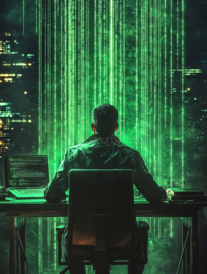 In a Shadowy Workspace, a Hacker Works on Complex Data Displayed Across Multiple Screens. Stock ...
