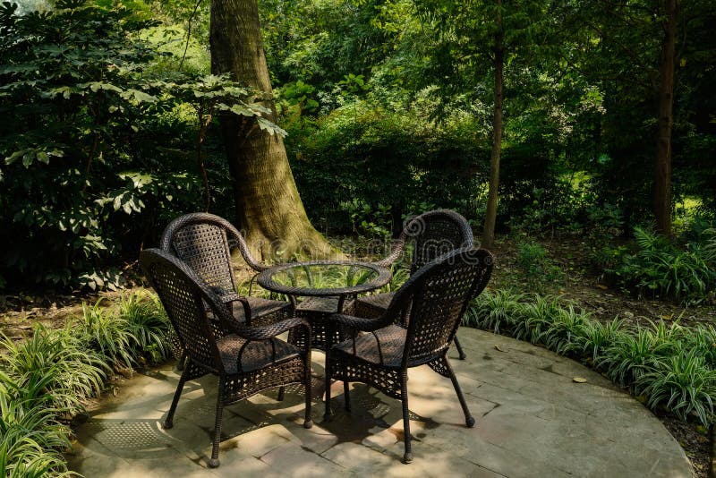 Shady Table and Chairs in Woods on Sunny Autumn Day Stock Image - Image ...