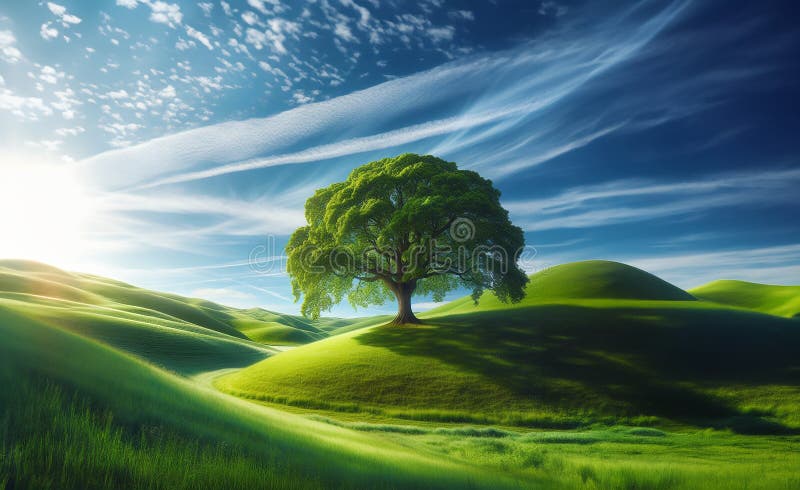 Generated Image a Shady Tree in a Green Grassy Field on Rolling Terrain ...